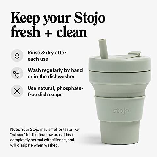 STOJO Collapsible Travel Cup With Straw - Sage Green, 16oz / 470ml - Reusable To-Go Pocket Size Silicone Bottle for Hot and Cold Drinks - Perfect for Camping and Hiking - Microwave & Dishwasher Safe