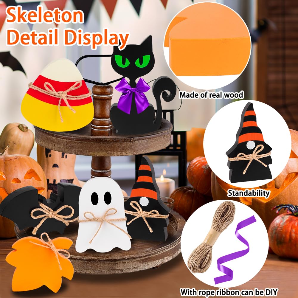 JOICEE Halloween Tiered Tray Decorations, 6Pcs Halloween Wooden Table Sign, Black Cat Ghost Bat Candy Corn Freestanding Table Shelf Farmhouse Rustic Signs for Halloween Home Indoor Décor.