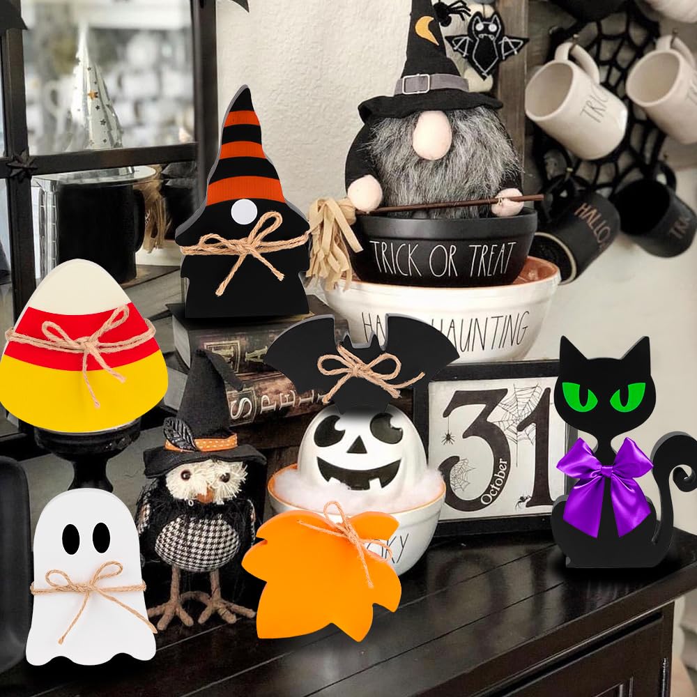 JOICEE Halloween Tiered Tray Decorations, 6Pcs Halloween Wooden Table Sign, Black Cat Ghost Bat Candy Corn Freestanding Table Shelf Farmhouse Rustic Signs for Halloween Home Indoor Décor.