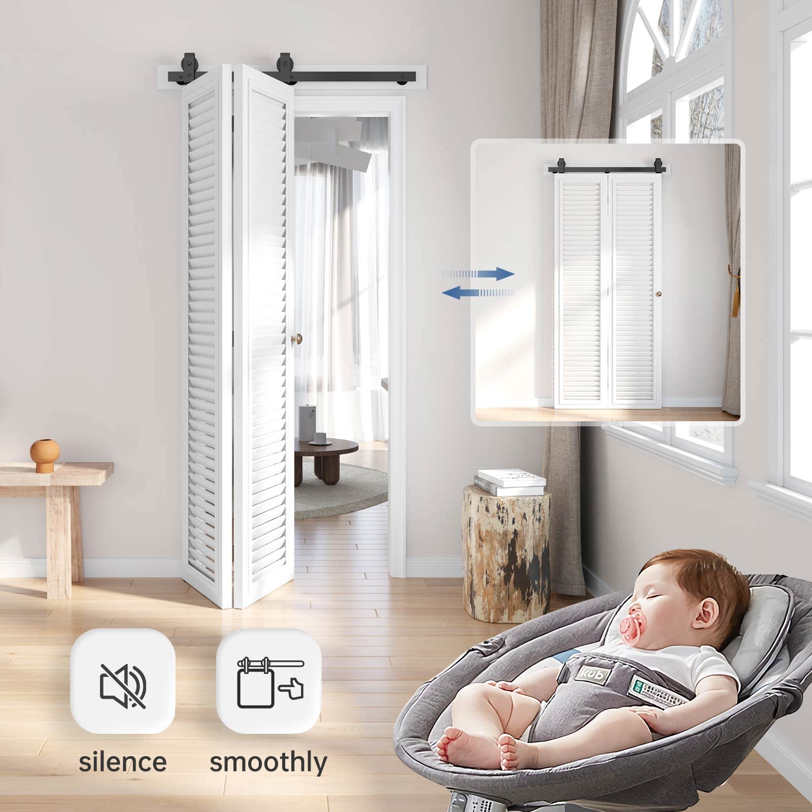 EaseLife 30" Bi-folding Sliding Barn Door Hardware Track Kit for 2 Closet Door,Top Mount Roller,Heavy Duty,Slide Smoothly Quietly,Easy Install,Black,No Door (Track Length 34" for Double 15" Wide Door)