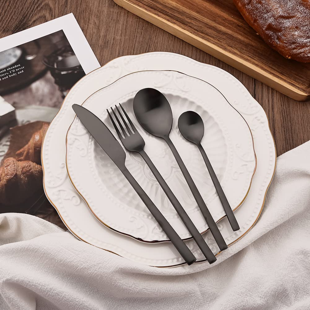 Uniturcky 16 Pcs Modern Silverware Flatware Sets, Stainless Steel Cutlery Set for 4, Forks Spoons and Knives Set for Home kitchen Restaurant, Square Handle Utensils, Matte Black