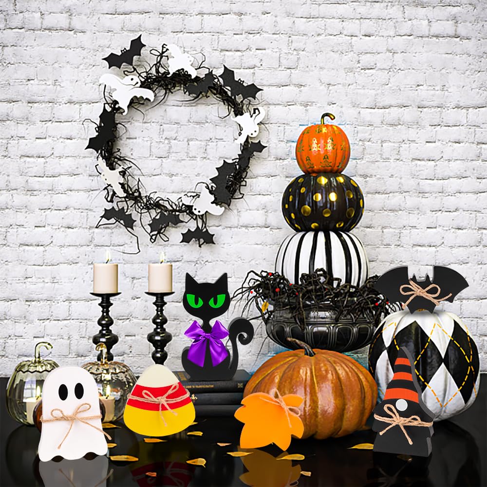 JOICEE Halloween Tiered Tray Decorations, 6Pcs Halloween Wooden Table Sign, Black Cat Ghost Bat Candy Corn Freestanding Table Shelf Farmhouse Rustic Signs for Halloween Home Indoor Décor.