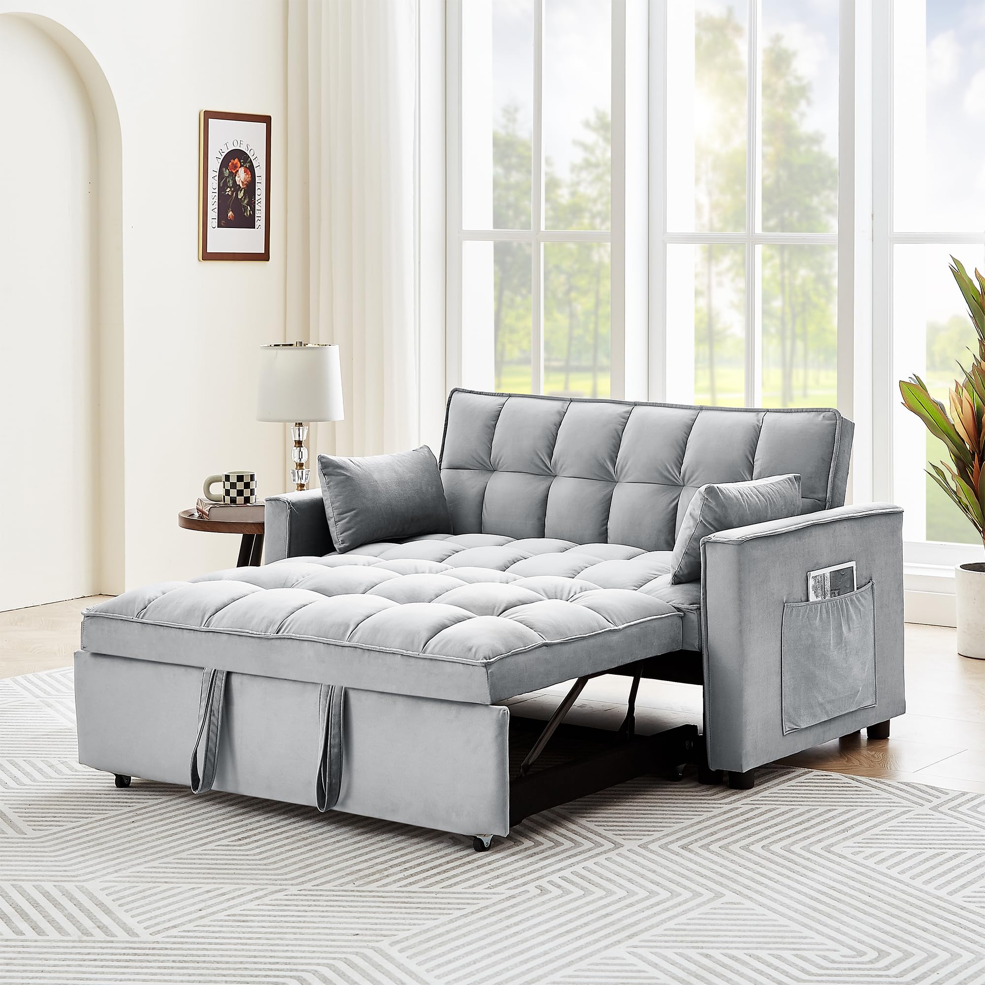 55 Inch Velvet Convertible Sleeper Sofa Bed, 3 in 1 Futon Sofa Couch with Pull-out Bed, Modern Love Seat Sleeper with Adjustable Backrest, 2 Pillows and Side Pockets for Living Room (Velvet Gray)
