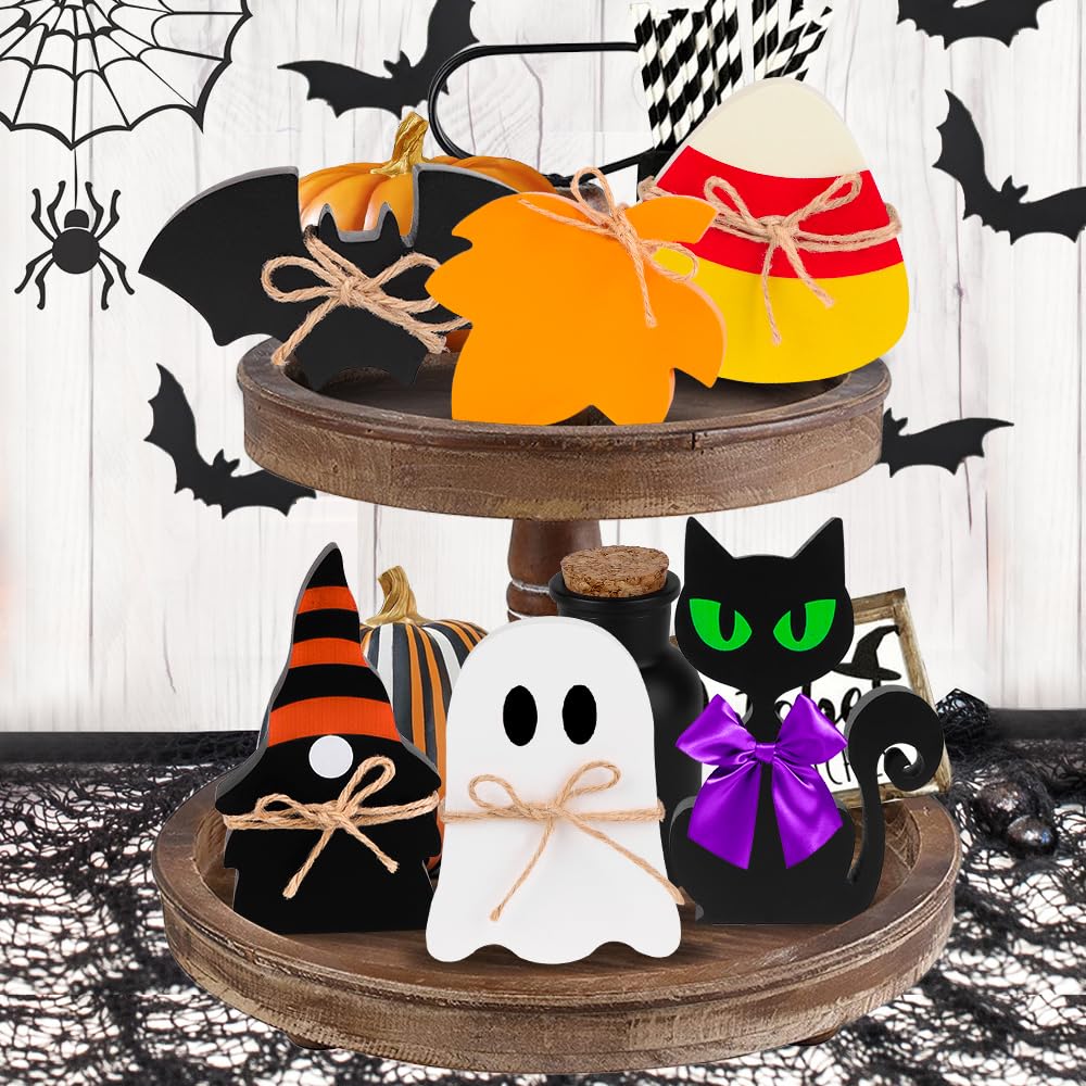 JOICEE Halloween Tiered Tray Decorations, 6Pcs Halloween Wooden Table Sign, Black Cat Ghost Bat Candy Corn Freestanding Table Shelf Farmhouse Rustic Signs for Halloween Home Indoor Décor.