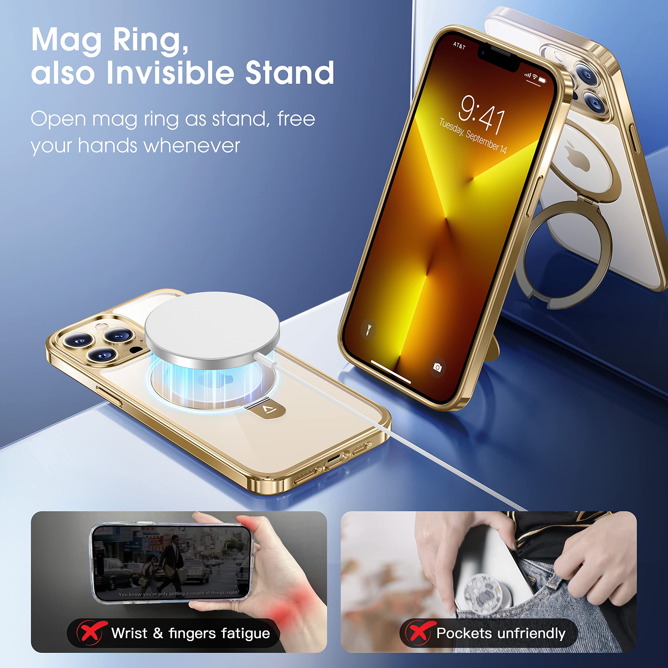 Alphex Invisible Stand Magnetic Case for iPhone 13 Pro, Official Color Match for iPhone, Compatible with MagSafe, Military Grade Shockproof Phone Cover Ring Holder Women 6.1 inch, Gold