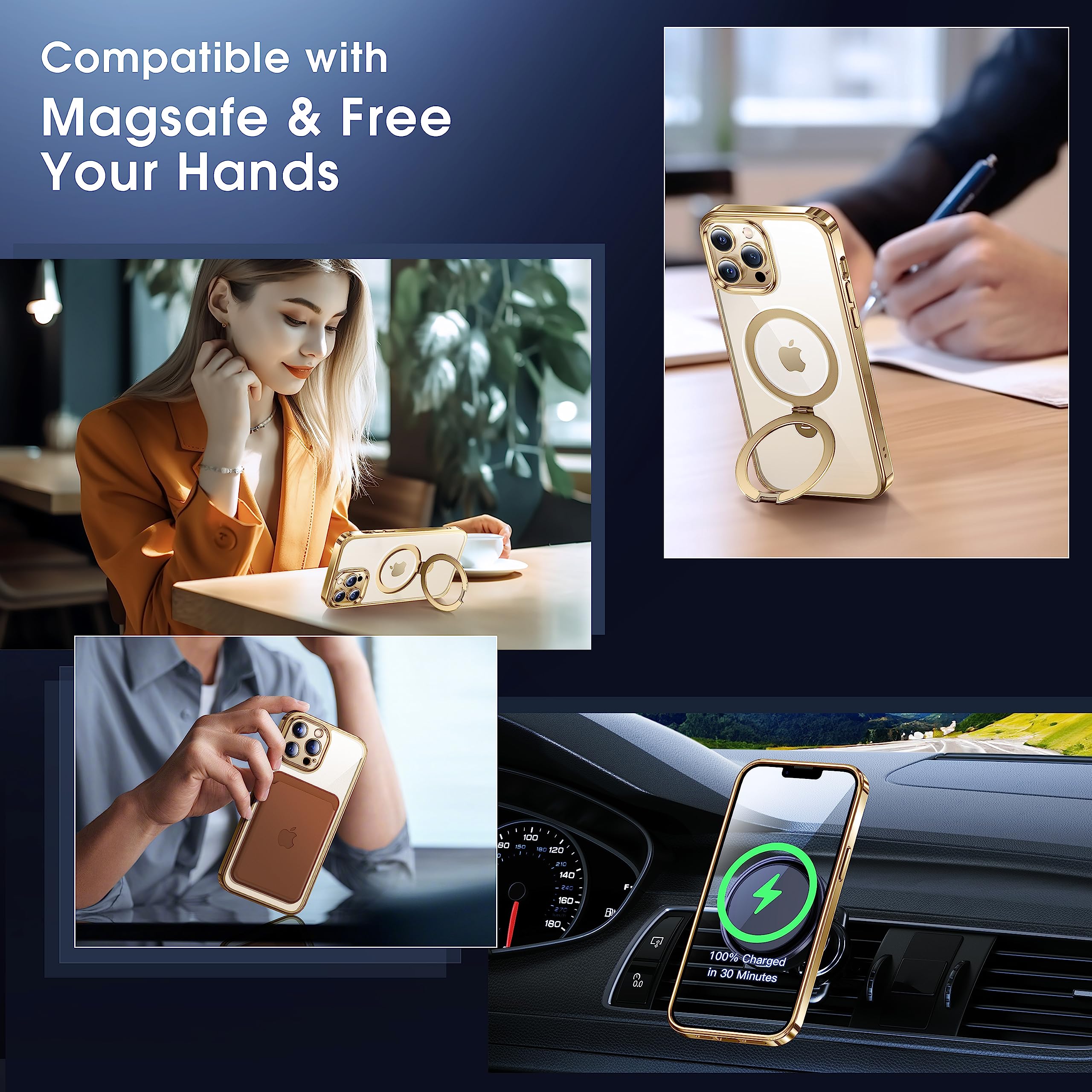 Alphex Invisible Stand Magnetic Case for iPhone 13 Pro, Official Color Match for iPhone, Compatible with MagSafe, Military Grade Shockproof Phone Cover Ring Holder Women 6.1 inch, Gold