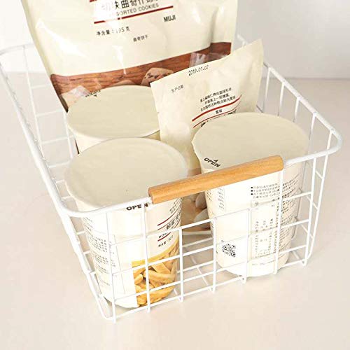 LeleCAT wire white baskets with Wooden Handles Storage Organizer Baskets, Household Refrigerator for Cabinets, Pantry, Closets, Bedrooms, kitchen - Set of 2(White)