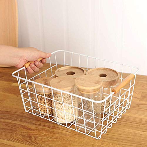 LeleCAT wire white baskets with Wooden Handles Storage Organizer Baskets, Household Refrigerator for Cabinets, Pantry, Closets, Bedrooms, kitchen - Set of 2(White)