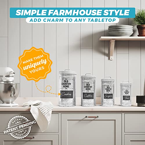 Saratoga Home Farmhouse Canister Set for Kitchen Coffee Tea Sugar Container Set with Labels & Marker, 4 Airtight Galvanized Rustic Tin Metal Flour Sugar Canister Sets for Kitchen Counter, Silver