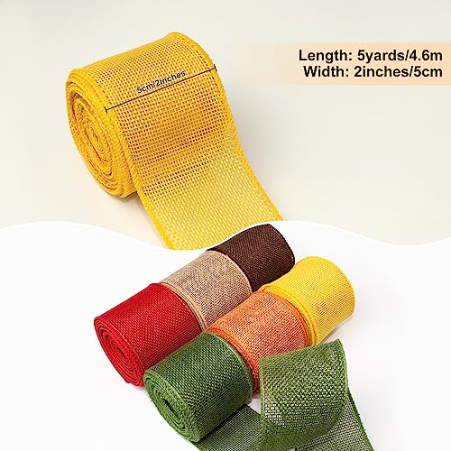 Mlurcu Fall Ribbon Burlap Wired Ribbon 2 Inch Wide Thick Solid Fabric Wire Edge Ribbon 6 Rolls 30 Yards Autumn Ribbon for Crafts Wreaths Bows Making Thanksgiving Christmas Wedding Outdoor Decorations