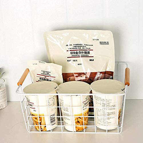 LeleCAT wire white baskets with Wooden Handles Storage Organizer Baskets, Household Refrigerator for Cabinets, Pantry, Closets, Bedrooms, kitchen - Set of 2(White)
