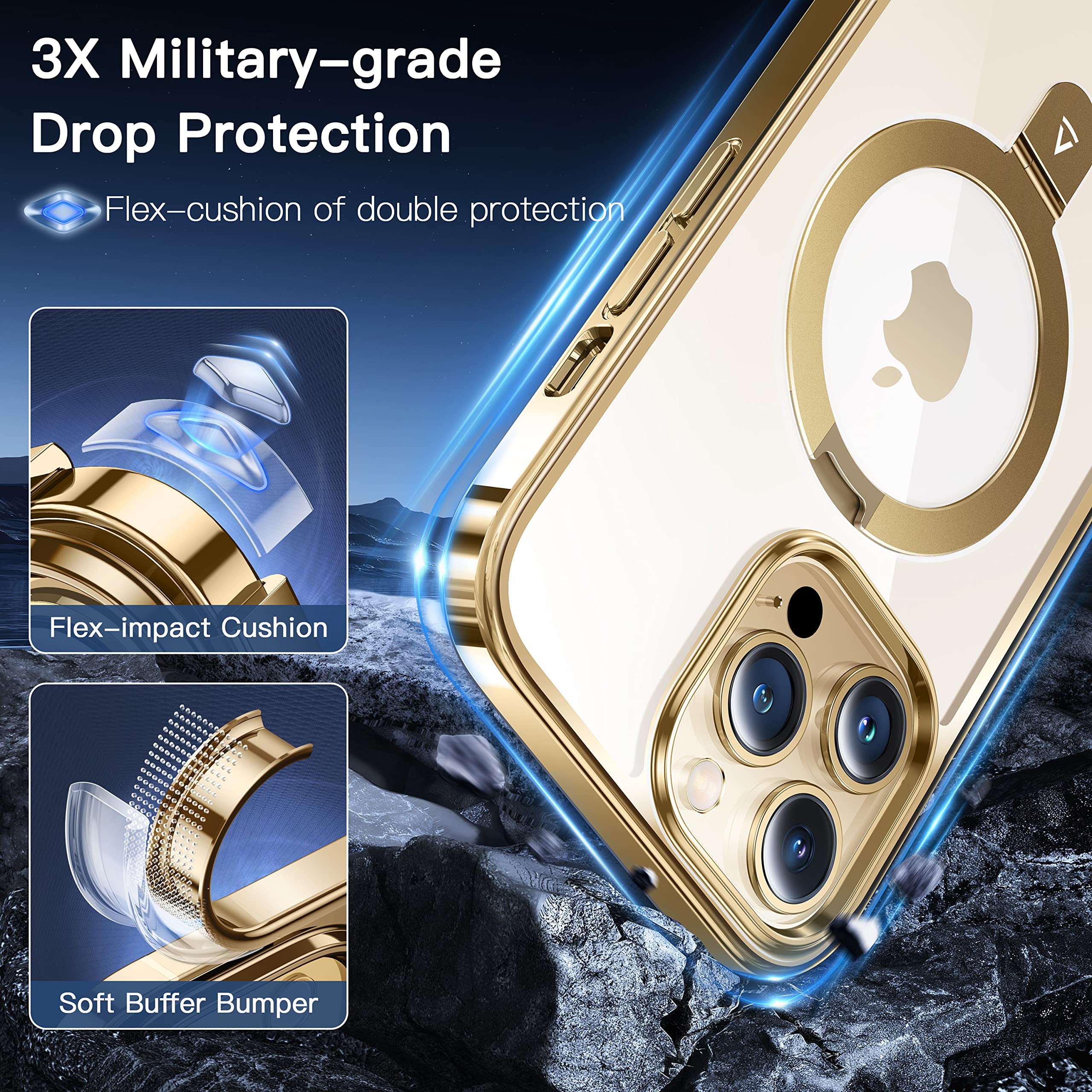 Alphex Invisible Stand Magnetic Case for iPhone 13 Pro, Official Color Match for iPhone, Compatible with MagSafe, Military Grade Shockproof Phone Cover Ring Holder Women 6.1 inch, Gold