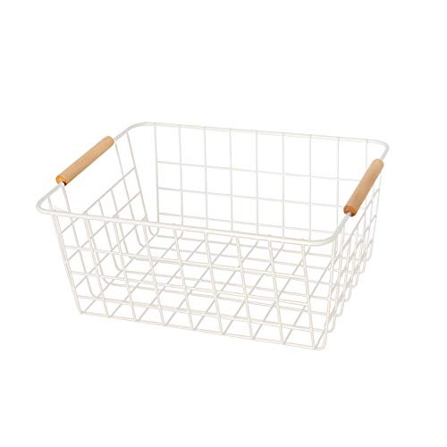 LeleCAT wire white baskets with Wooden Handles Storage Organizer Baskets, Household Refrigerator for Cabinets, Pantry, Closets, Bedrooms, kitchen - Set of 2(White)