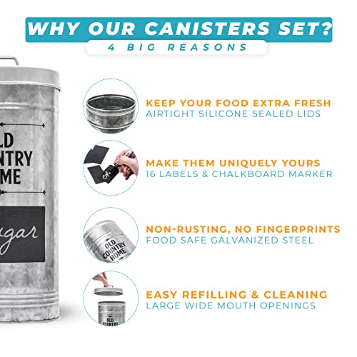 Saratoga Home Farmhouse Canister Set for Kitchen Coffee Tea Sugar Container Set with Labels & Marker, 4 Airtight Galvanized Rustic Tin Metal Flour Sugar Canister Sets for Kitchen Counter, Silver