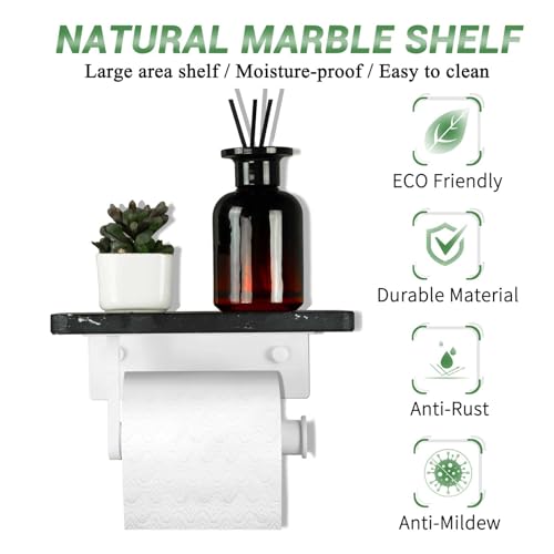 Toilet Paper Holder with Shelf,Wall Mounted Black Toilet Paper Holder,Marble Tissue Roll Holder for Bathroom Washroom(Middle 7.87 * 4.72 in)