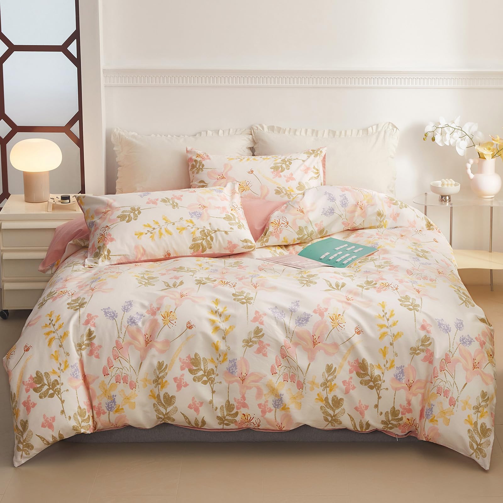 HighBuy Boho Floral Duvet Cover King,Soft Cotton Aesthetic Pink Floral King Comforter Cover,Lightweight Soft Garden Style Bedding Set King Duvet Cover Set Zipper Closure Breathable King