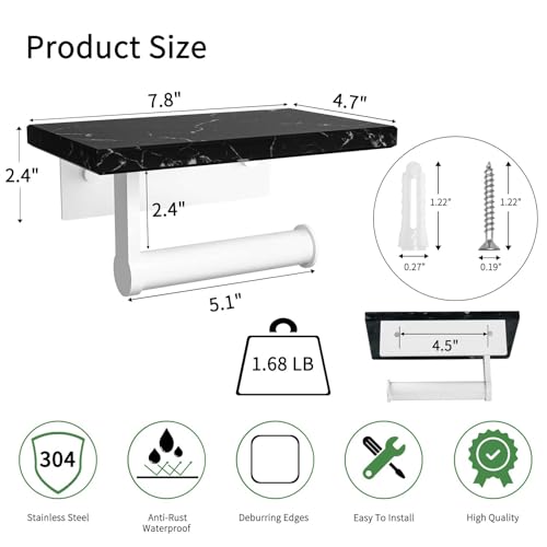 Toilet Paper Holder with Shelf,Wall Mounted Black Toilet Paper Holder,Marble Tissue Roll Holder for Bathroom Washroom(Middle 7.87 * 4.72 in)