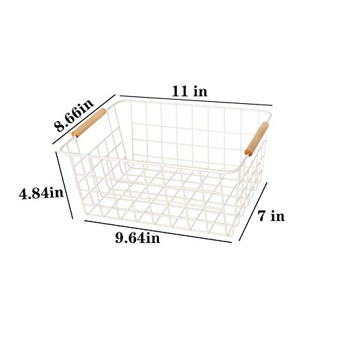 LeleCAT wire white baskets with Wooden Handles Storage Organizer Baskets, Household Refrigerator for Cabinets, Pantry, Closets, Bedrooms, kitchen - Set of 2(White)