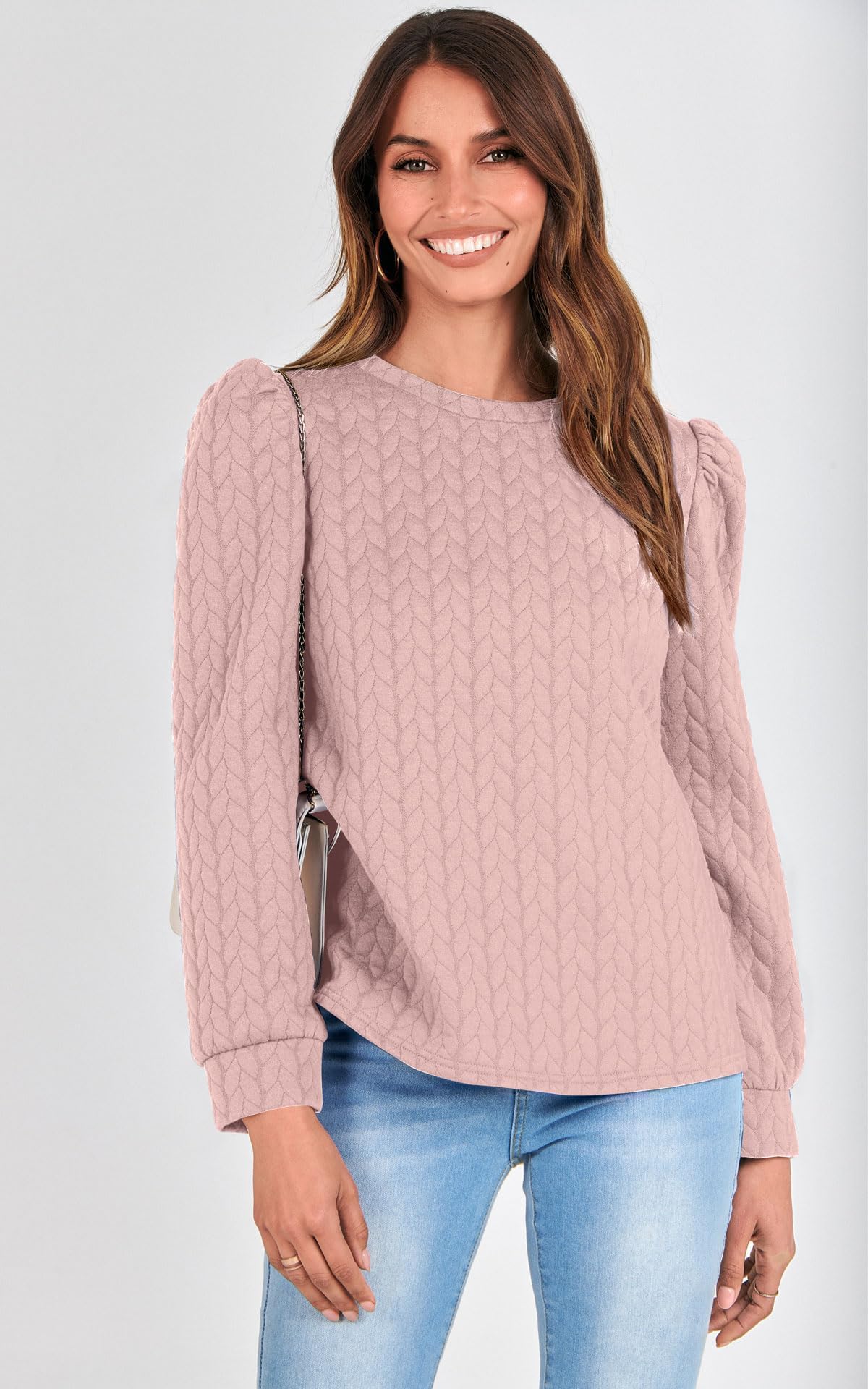 PRETTYGARDEN Quilted Puff Sleeve Sweatshirt Fall Fashion 2024 Trendy Casual Western Ladies Pullover Outfits Clothes (Pink,L)