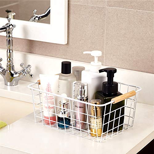 LeleCAT wire white baskets with Wooden Handles Storage Organizer Baskets, Household Refrigerator for Cabinets, Pantry, Closets, Bedrooms, kitchen - Set of 2(White)