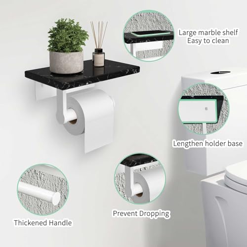 Toilet Paper Holder with Shelf,Wall Mounted Black Toilet Paper Holder,Marble Tissue Roll Holder for Bathroom Washroom(Middle 7.87 * 4.72 in)