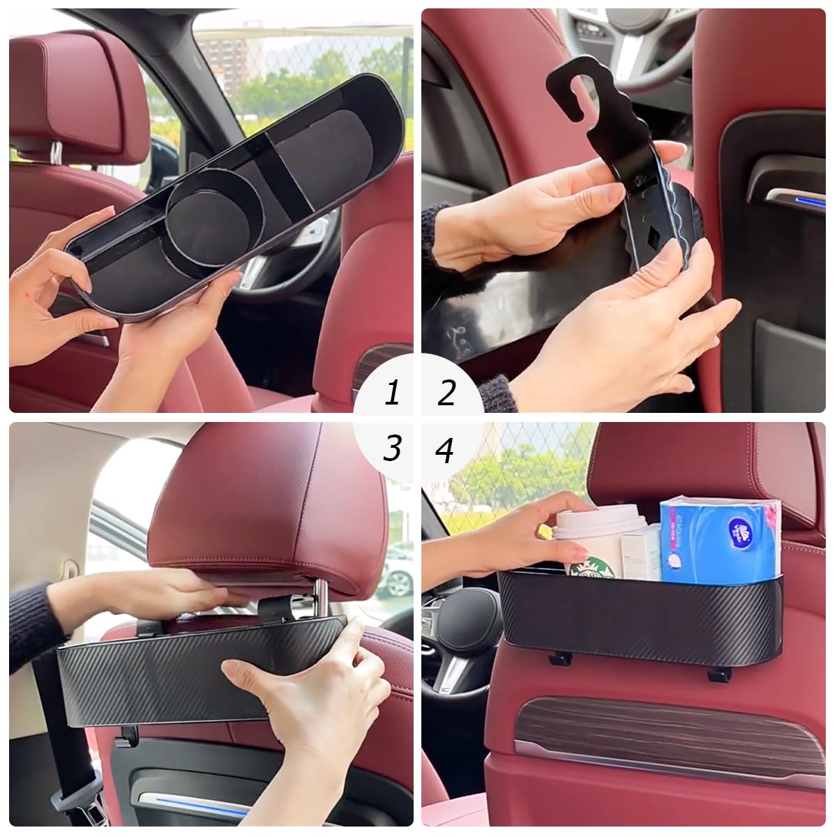 BELOMI Car Headrest Backseat Organizer with Cup Holder, Seat Back Hanging Storage Box with Hooks, Multi-Functional Drink Pocket Food Snack Phone Tray for Kids, Car Travel Accessories (Black)