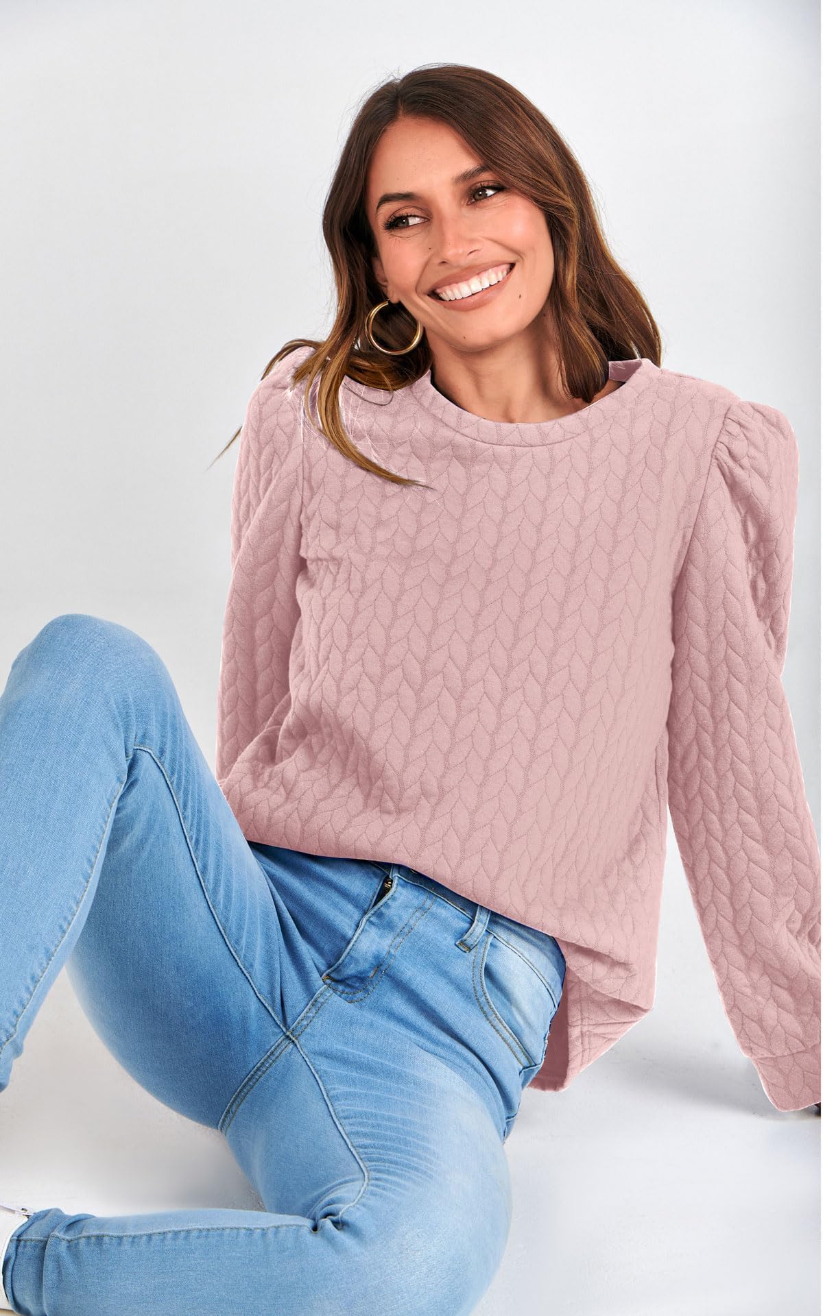 PRETTYGARDEN Quilted Puff Sleeve Sweatshirt Fall Fashion 2024 Trendy Casual Western Ladies Pullover Outfits Clothes (Pink,L)