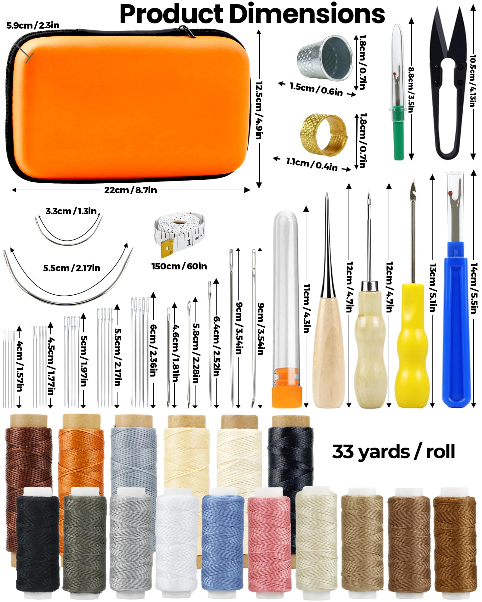 【Upgraded】Leather Upholstery Repair Kit: PLANTIONAL 60pcs Sewing Kit with Waxed and Upholstery Thread, Large-Eye Needle, 3 Sewing Awl, Heavy Duty Sewing Kit for Car Carpet Sofa Shoe Backpack Craft DIY