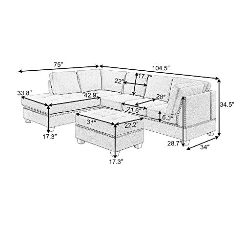 Eafurn 104.5”Velvet Sectional Sofa with Chaise Lounge,L Shaped Couch Set with Storage Ottoman and Two Cup Holders,Button Tufted Sofa & Couches for Living Room Corner Furniture
