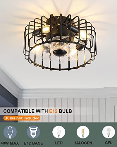 MIAOMEIO 13'' Low Profile Small Flush Mount Farmhouse Industrial Caged Ceiling Fan with Lights, 6 Speed Bladeless Black Ceiling Fan with Remote Control for Living Room, Bedroom, Kitchen (Black)