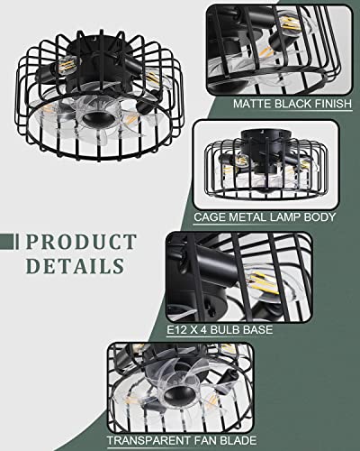 MIAOMEIO 13'' Low Profile Small Flush Mount Farmhouse Industrial Caged Ceiling Fan with Lights, 6 Speed Bladeless Black Ceiling Fan with Remote Control for Living Room, Bedroom, Kitchen (Black)