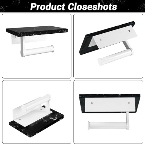 Toilet Paper Holder with Shelf,Wall Mounted Black Toilet Paper Holder,Marble Tissue Roll Holder for Bathroom Washroom(Middle 7.87 * 4.72 in)