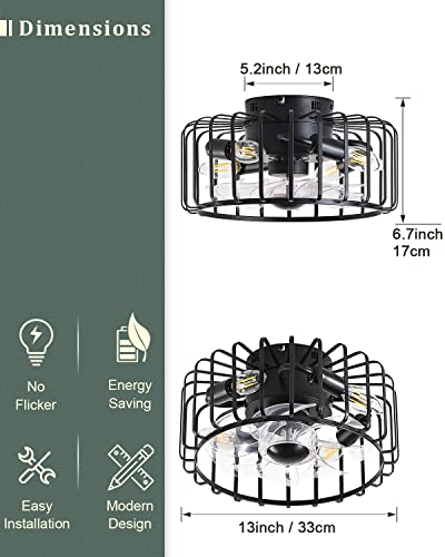 MIAOMEIO 13'' Low Profile Small Flush Mount Farmhouse Industrial Caged Ceiling Fan with Lights, 6 Speed Bladeless Black Ceiling Fan with Remote Control for Living Room, Bedroom, Kitchen (Black)