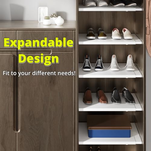 KIKIBRO Expandable Closet Shelf Organizer, Adjustable Shelves, Extendable Storage Shelving Rack Divider for Cabinet Pantry Cupboard Kitchen (2, White Small)