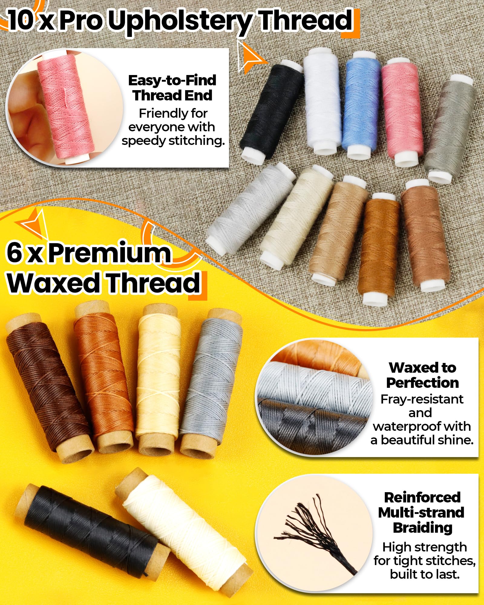 【Upgraded】Leather Upholstery Repair Kit: PLANTIONAL 60pcs Sewing Kit with Waxed and Upholstery Thread, Large-Eye Needle, 3 Sewing Awl, Heavy Duty Sewing Kit for Car Carpet Sofa Shoe Backpack Craft DIY