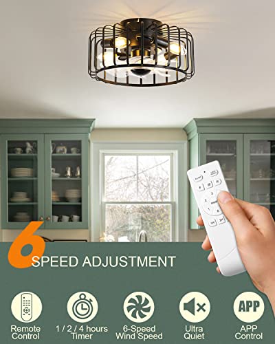 MIAOMEIO 13'' Low Profile Small Flush Mount Farmhouse Industrial Caged Ceiling Fan with Lights, 6 Speed Bladeless Black Ceiling Fan with Remote Control for Living Room, Bedroom, Kitchen (Black)