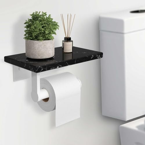 Toilet Paper Holder with Shelf,Wall Mounted Black Toilet Paper Holder,Marble Tissue Roll Holder for Bathroom Washroom(Middle 7.87 * 4.72 in)