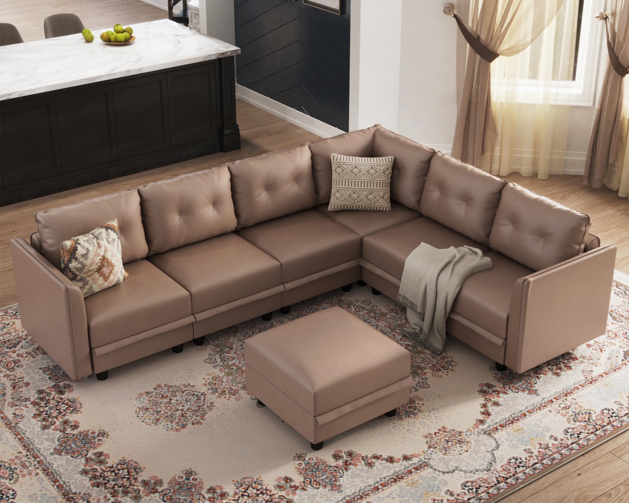 LLappuil Modular Sectional Sofa, Convertible L Shaped Sectional Couch with Storage, Faux Leather Fabric, Modular Sectionals with Chaise, 7 Seats Sofas for Living Room, Cognac Brown