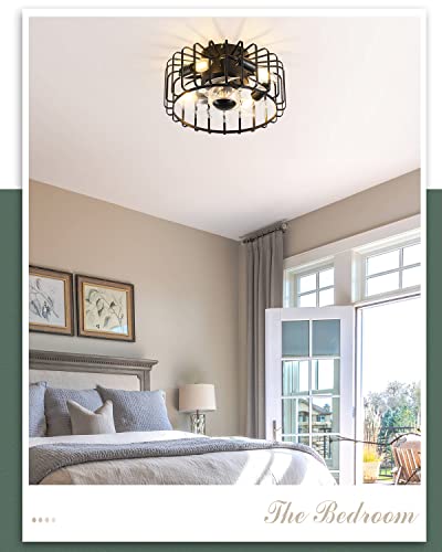 MIAOMEIO 13'' Low Profile Small Flush Mount Farmhouse Industrial Caged Ceiling Fan with Lights, 6 Speed Bladeless Black Ceiling Fan with Remote Control for Living Room, Bedroom, Kitchen (Black)