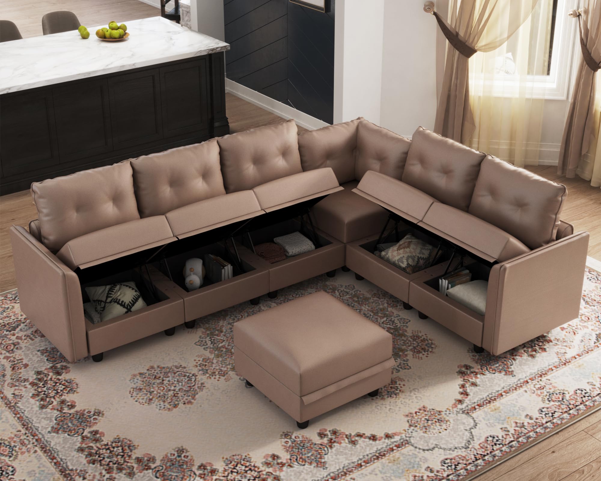 LLappuil Modular Sectional Sofa, Convertible L Shaped Sectional Couch with Storage, Faux Leather Fabric, Modular Sectionals with Chaise, 7 Seats Sofas for Living Room, Cognac Brown