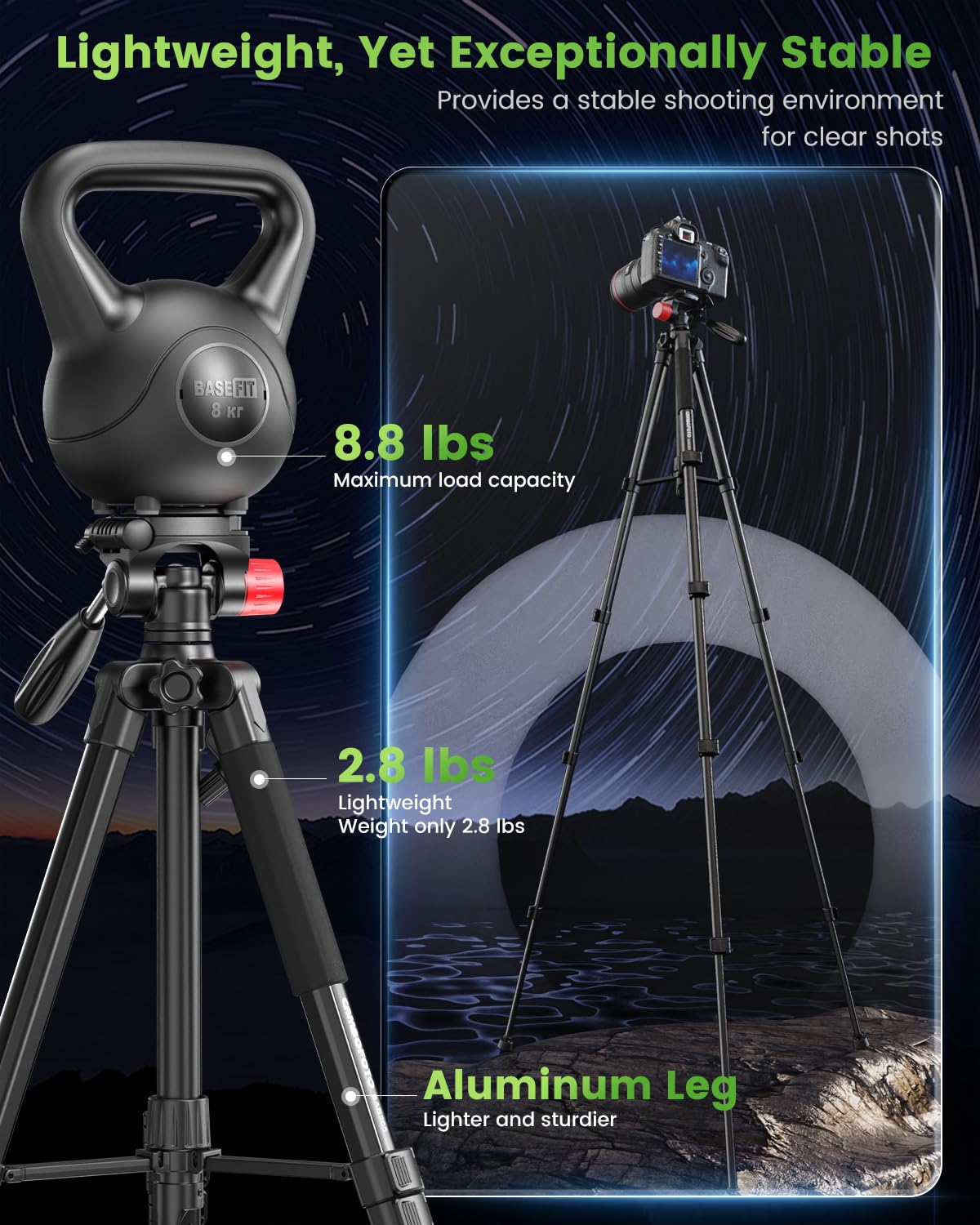 CAMBOFOTO 74"-Camera-Tripod, Porfessional Aluminum Heavy Duty Tripod Stand for Mirrorless Camera/DSLR/Cell Phone/Camcorder, with Holder and Travel Bag