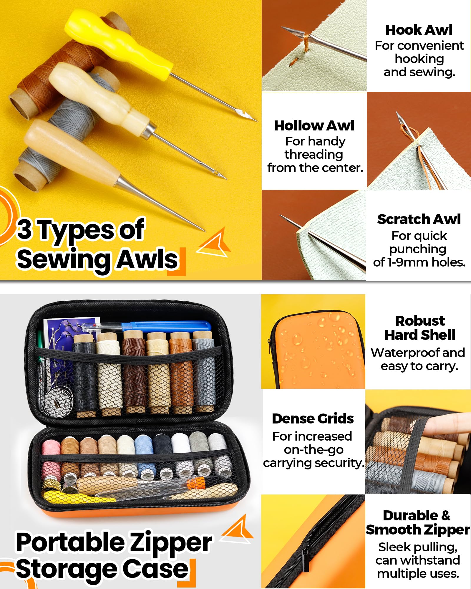 【Upgraded】Leather Upholstery Repair Kit: PLANTIONAL 60pcs Sewing Kit with Waxed and Upholstery Thread, Large-Eye Needle, 3 Sewing Awl, Heavy Duty Sewing Kit for Car Carpet Sofa Shoe Backpack Craft DIY