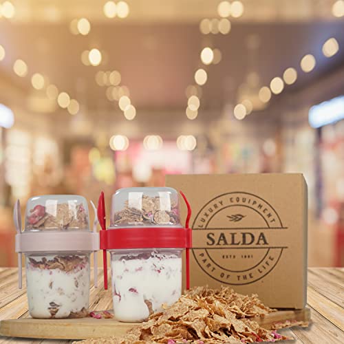 Salda 2 Pack 22 oz Breakfast On the Go Cups, Take and Go Yogurt Cup with Topping Cereal Cup with spoon and fork, Overnight Oats or Oatmeal Container Jar, Colorful Set of 2 (Red and Pink)