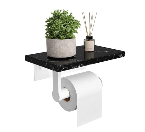 Toilet Paper Holder with Shelf,Wall Mounted Black Toilet Paper Holder,Marble Tissue Roll Holder for Bathroom Washroom(Middle 7.87 * 4.72 in)