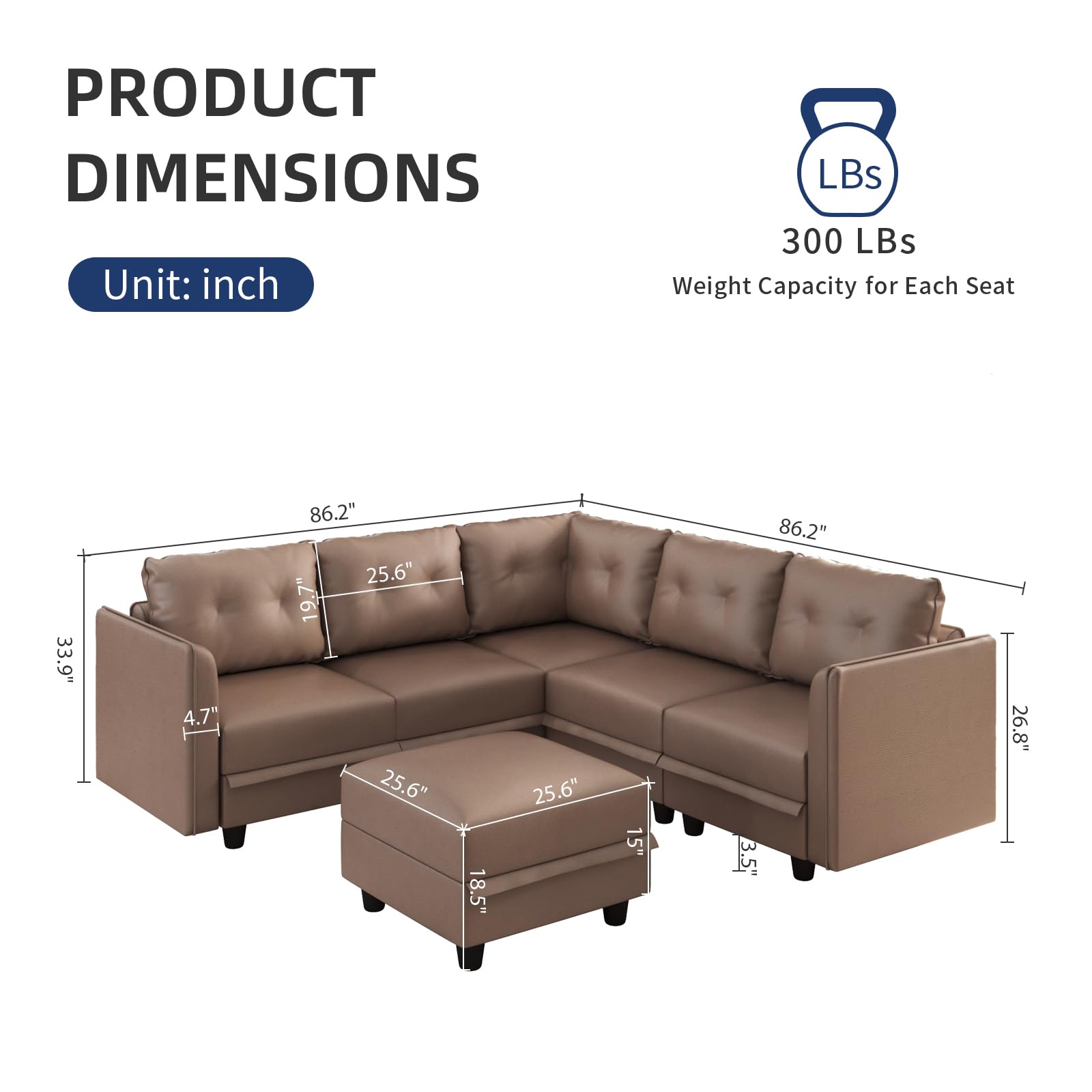 LLappuil Modular Sectional Sofa, Convertible L Shaped Sectional Couch with Storage, Faux Leather Fabric, Modular Sectionals with Chaise, 7 Seats Sofas for Living Room, Cognac Brown