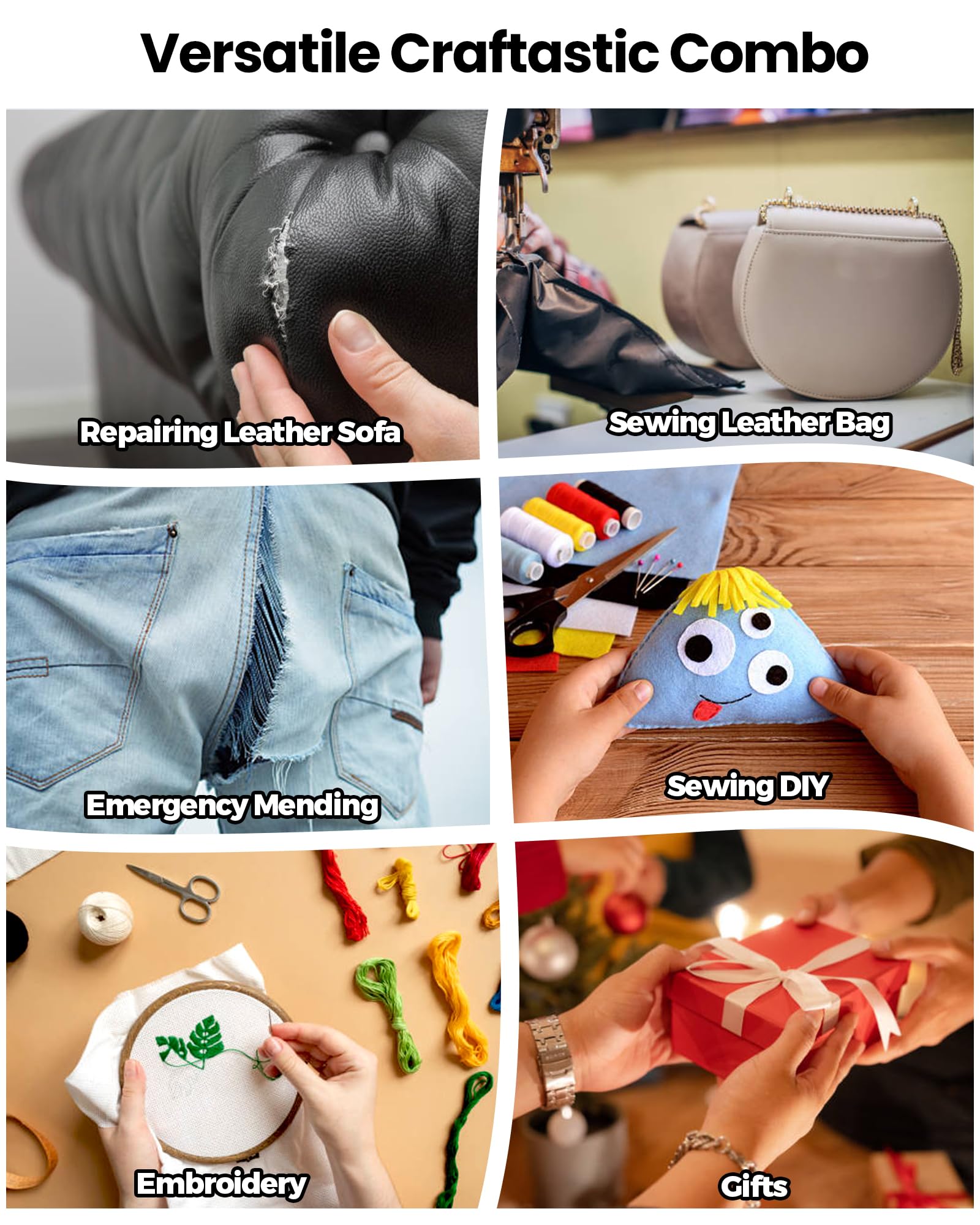 【Upgraded】Leather Upholstery Repair Kit: PLANTIONAL 60pcs Sewing Kit with Waxed and Upholstery Thread, Large-Eye Needle, 3 Sewing Awl, Heavy Duty Sewing Kit for Car Carpet Sofa Shoe Backpack Craft DIY