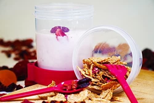 Salda 2 Pack 22 oz Breakfast On the Go Cups, Take and Go Yogurt Cup with Topping Cereal Cup with spoon and fork, Overnight Oats or Oatmeal Container Jar, Colorful Set of 2 (Red and Pink)