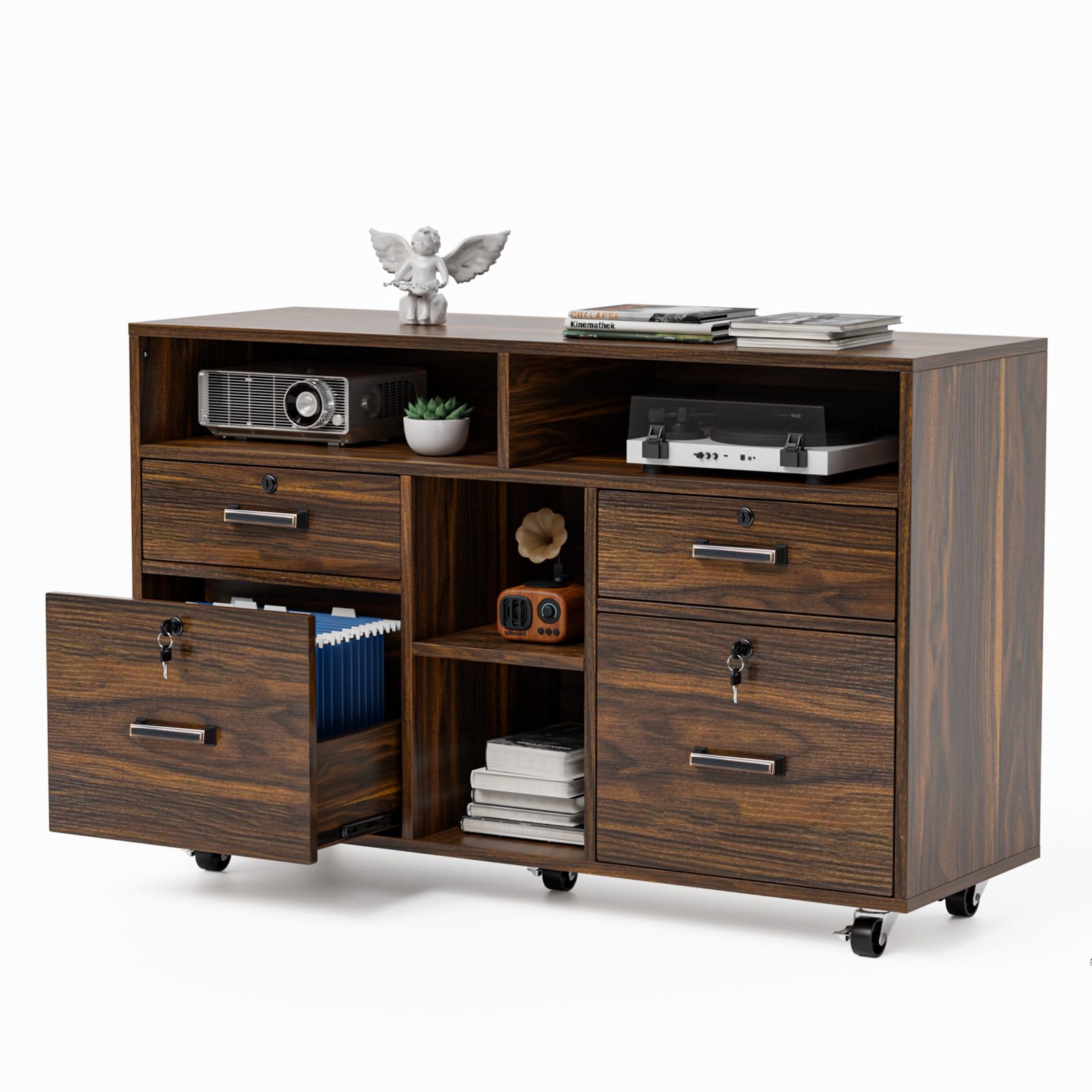 VINGLI Wide 4 Drawer File Cabinet with Lock, Wood Lateral File Cabinet with Open Shelves, Lockable Rolling File Cabinets for Home Office, Dark Brown File Cabinet Printer Stand, Letter Sized