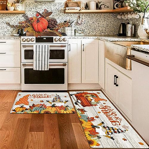 Bsmathom Anti Fatigue Kitchen Rug Set of 2, Cushioned Non Slip Kitchen Rugs and Mats, Pumpkin Kitchen Mats for Floor Set, Waterproof Kitchen Rug Runner Floor Mats for Home Kitchen