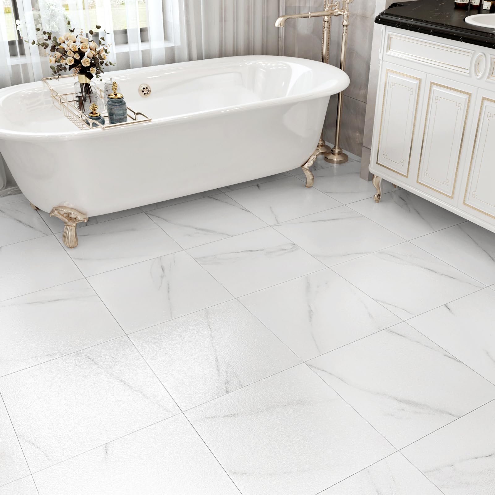 WESTICK 20 Pack Marble Peel and Stick Floor Vinyl Tiles - White, Waterproof, Thick Vinyl Flooring Sheets - Self Adhesive - 12" x 12" for Kitchen, Bathroom, Bedroom, Office